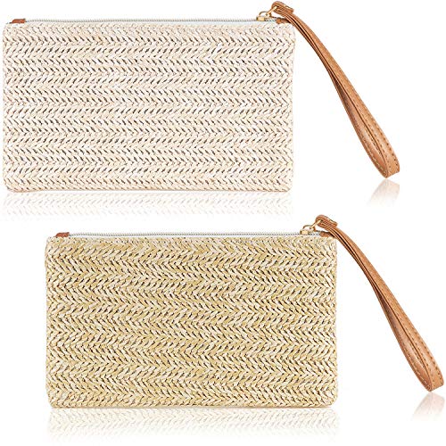 Frienda 2 Pieces Straw Clutch Purse Straw Handbag for Women Summer Beach Straw Bag Bohemian Wristlet Bag (Beige-White, Beige-Yellow)