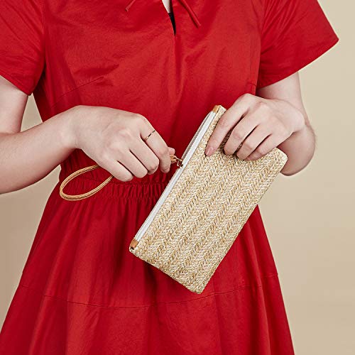 Frienda 2 Pieces Straw Clutch Purse Straw Handbag for Women Summer Beach Straw Bag Bohemian Wristlet Bag (Beige-White, Beige-Yellow)