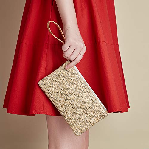 Frienda 2 Pieces Straw Clutch Purse Straw Handbag for Women Summer Beach Straw Bag Bohemian Wristlet Bag (Beige-White, Beige-Yellow)