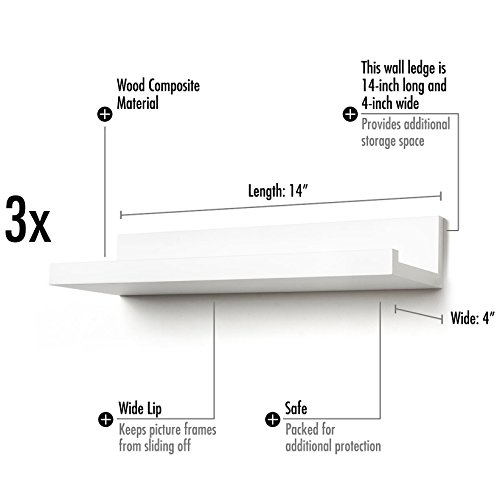 Americanflat 14 Inch Floating Shelves in White Composite Wood - Wall Mounted Storage Shelves for Bedroom, Living Room, Bathroom, Kitchen, Office and More, 14 Inches , 3 Count (Pack of 1)