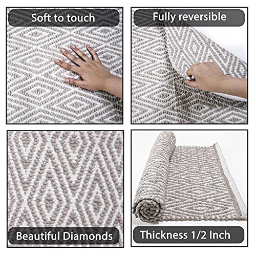 Chardin home 100% Cotton Diamond Rug Fully Reversible - Mat Size 21''x34'', Machine Washable, Greyish Beige & White