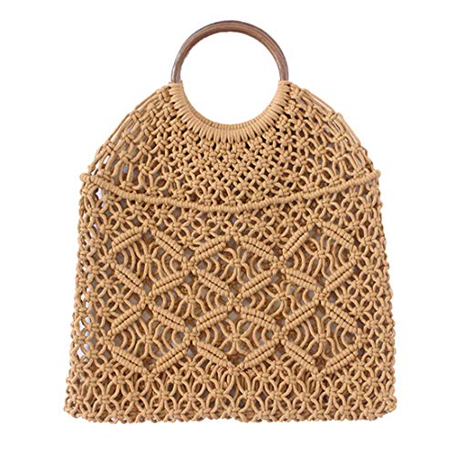 CHIC DIARY Womens Hand-woven Straw Shoulder Bag Summer Beach Handles Tote Handbag (#02-Khaki)