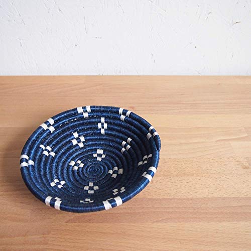 Small African Basket- Kabaya/Rwanda Basket/Woven Bowl/Sisal & Sweetgrass Basket/Blue, White