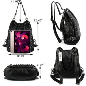 UTO Women Backpack Purse PU Washed Leather Rivet Studded Convertible Ladies Rucksack Shoulder Bag Black