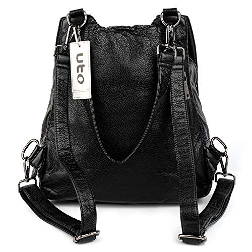 UTO Women Backpack Purse PU Washed Leather Rivet Studded Convertible Ladies Rucksack Shoulder Bag Black