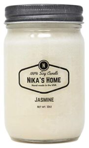 nika’s home jasmine soy candle 12oz mason jar non-toxic white soy candle-hand poured candle- handmade, long burning 50-60 hours highly scented all natural, clean burning large candle gift décor