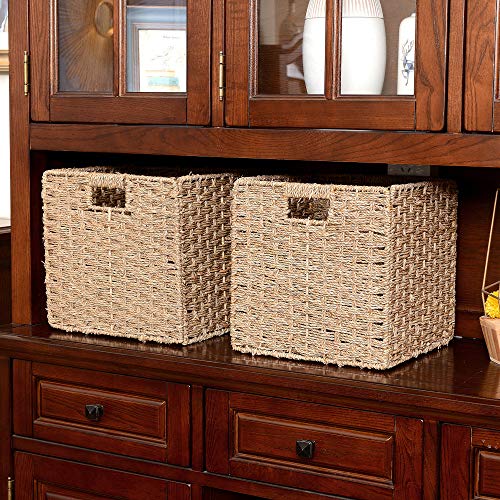 Villacera 12-Inch Square Hand Weaved Wicker Storage Bin, Foldable Baskets made of Water Hyacinth | Set of 2