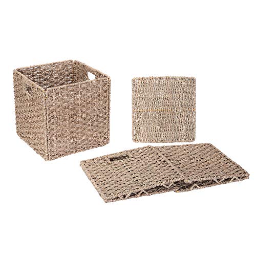 Villacera 12-Inch Square Hand Weaved Wicker Storage Bin, Foldable Baskets made of Water Hyacinth | Set of 2