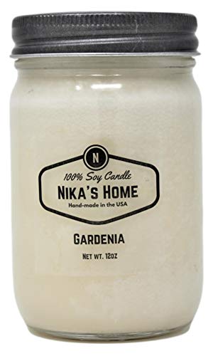 Nika's Home Gardenia Soy Candle 12oz Mason Jar Non-Toxic White Soy Candle Hand Poured Handmade, Clean Long Burning 50-60 Hours Highly Scented All Natural Candle Gift Décor