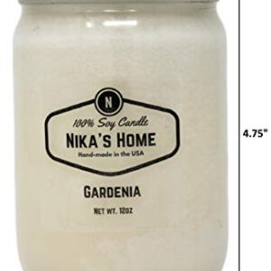 Nika's Home Gardenia Soy Candle 12oz Mason Jar Non-Toxic White Soy Candle Hand Poured Handmade, Clean Long Burning 50-60 Hours Highly Scented All Natural Candle Gift Décor