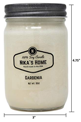 Nika's Home Gardenia Soy Candle 12oz Mason Jar Non-Toxic White Soy Candle Hand Poured Handmade, Clean Long Burning 50-60 Hours Highly Scented All Natural Candle Gift Décor