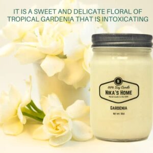 Nika's Home Gardenia Soy Candle 12oz Mason Jar Non-Toxic White Soy Candle Hand Poured Handmade, Clean Long Burning 50-60 Hours Highly Scented All Natural Candle Gift Décor