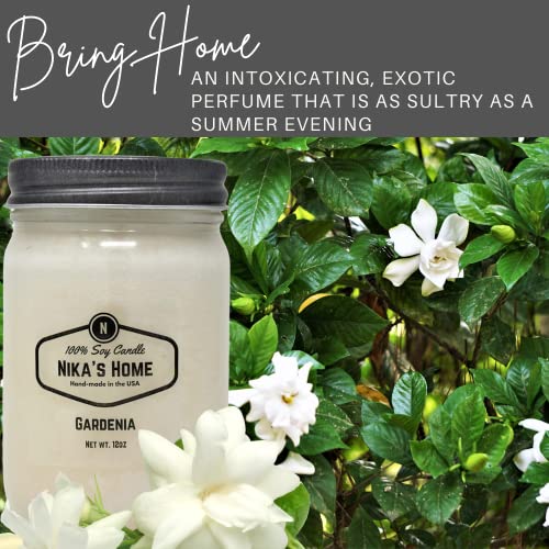 Nika's Home Gardenia Soy Candle 12oz Mason Jar Non-Toxic White Soy Candle Hand Poured Handmade, Clean Long Burning 50-60 Hours Highly Scented All Natural Candle Gift Décor