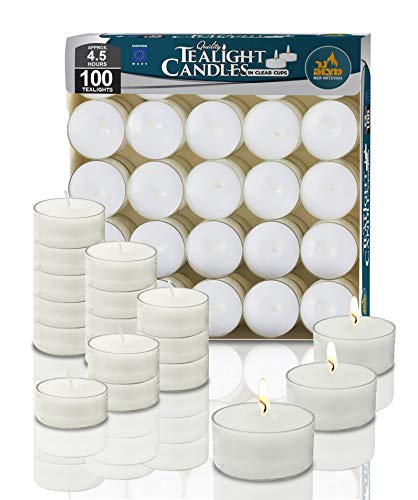 Ner Mitzvah Tea Light Candles - 100 Bulk Pack - White Unscented Tealight Candles in Clear Cup - Long Burning - 4.5 Hour