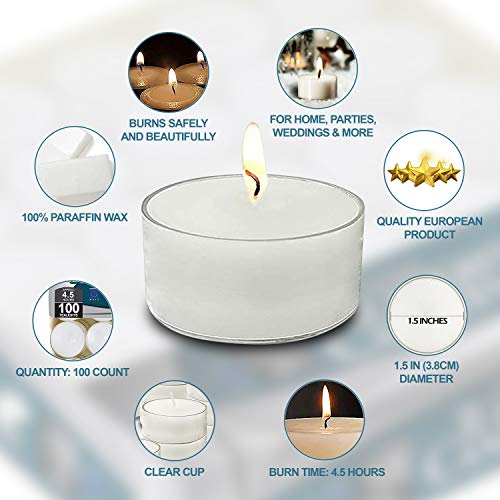 Ner Mitzvah Tea Light Candles - 100 Bulk Pack - White Unscented Tealight Candles in Clear Cup - Long Burning - 4.5 Hour