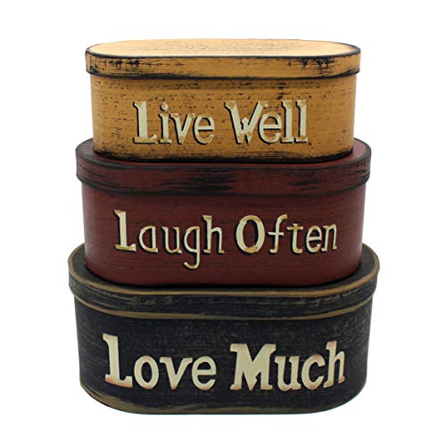 CVHOMEDECO. Primitives Vintage Oval “Live Well, Laugh Often, Love Much” Cardboard Nesting Boxes, Large 9-3/4 x 5-1/2 x 4 Inch, Set of 3.