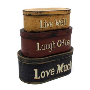 CVHOMEDECO. Primitives Vintage Oval “Live Well, Laugh Often, Love Much” Cardboard Nesting Boxes, Large 9-3/4 x 5-1/2 x 4 Inch, Set of 3.