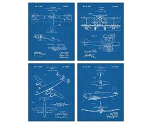 vintage aircraft blueprint patent print, set of 4, 8×10 aesthetic wall posters and unique art prints picture for bathroom, home, man cave, dorm, office & bar wall decor poster