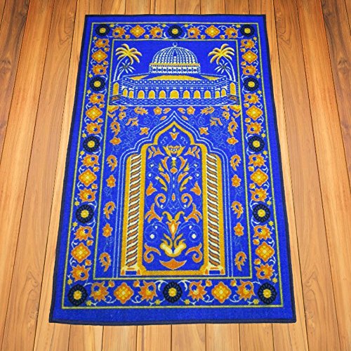 HUAHOO Islamic Prayer Rug Thick Muslim Pray Rug Islam Traditional Design Nylon Prayer Carpet with Non-Slip Latex Bottom for Kids Man Women Prayer Room (Style1, Blue)