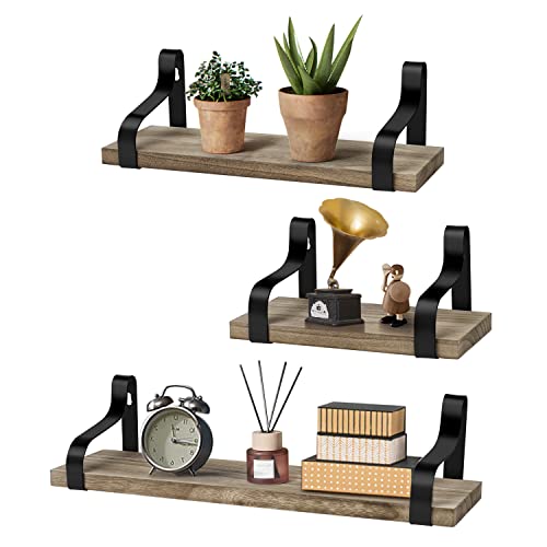 Flexzion Rustic Floating Book Shelves for Wall - Wall Mounted Set of 3 Floating Shelves for Bedroom, Bathroom, Kitchen, Living Room, and Plants - Floating Shelf, Wood