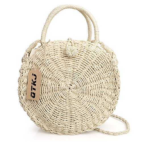 QTKJ Summer Beach Round Rattan Bag, Hand Woven Bali Straw Tote Crossbody Handbag for Womens