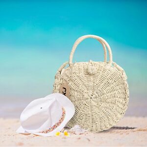 QTKJ Summer Beach Round Rattan Bag, Hand Woven Bali Straw Tote Crossbody Handbag for Womens