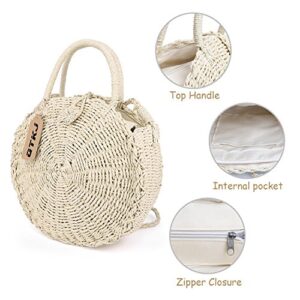 QTKJ Summer Beach Round Rattan Bag, Hand Woven Bali Straw Tote Crossbody Handbag for Womens