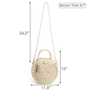 QTKJ Summer Beach Round Rattan Bag, Hand Woven Bali Straw Tote Crossbody Handbag for Womens