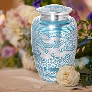 Divinityurns Wings of Love Blue & Silver Cremation Urn - Metal Cremation Urn - Handcrafted and Affordable Large Urn for Human Ashes - Adult Funeral Urn with Free Bag and Free Keepsake