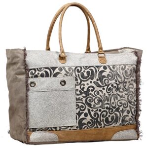 Myra Bag Hide & Floral Upcycled Canvas Weekender Bag S-1199