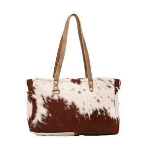 myra bag fawn & white upcycled canvas & cowhide small handbag s-1453 brown