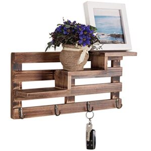 mygift wall mounted rustic burnt wood key rack organizer with tiered floating display shelves