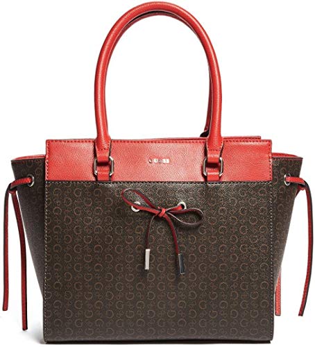 GUESS Women's Smoke Logo Satchel Tote Bag Handbag - Red/Brown