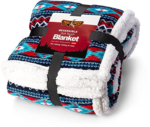 TrailCrest Ultra Soft Sherpa Fleece Throw Blanket, Cozy Plush Adult Blanket for Men & Women, Reversible with Aztec Prints, Machine Washable, 8 Colors