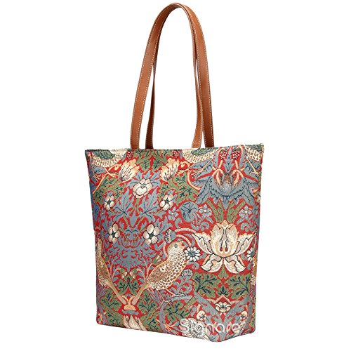 Signare Tapestry Shoulder Bag Tote Bag for Women with Red Flower and Bird William Morris Strawberry Thief Design (SHOU-STRD)