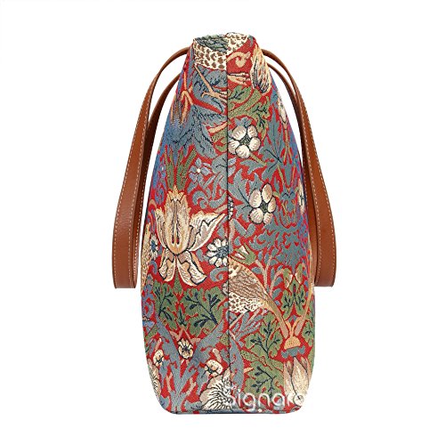 Signare Tapestry Shoulder Bag Tote Bag for Women with Red Flower and Bird William Morris Strawberry Thief Design (SHOU-STRD)