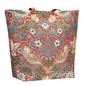 Signare Tapestry Shoulder Bag Tote Bag for Women with Red Flower and Bird William Morris Strawberry Thief Design (SHOU-STRD)