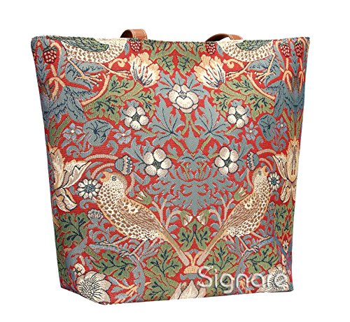 Signare Tapestry Shoulder Bag Tote Bag for Women with Red Flower and Bird William Morris Strawberry Thief Design (SHOU-STRD)