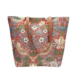 Signare Tapestry Shoulder Bag Tote Bag for Women with Red Flower and Bird William Morris Strawberry Thief Design (SHOU-STRD)