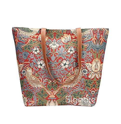 Signare Tapestry Shoulder Bag Tote Bag for Women with Red Flower and Bird William Morris Strawberry Thief Design (SHOU-STRD)