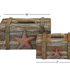 Deco 79 Wood Starfish Handmade Distressed Box with Knotted Rope Details, Set of 2 10", 7"W, Brown