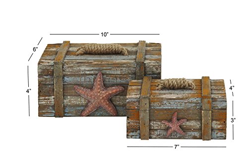 Deco 79 Wood Starfish Handmade Distressed Box with Knotted Rope Details, Set of 2 10", 7"W, Brown