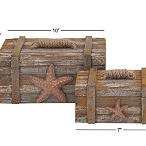 Deco 79 Wood Starfish Handmade Distressed Box with Knotted Rope Details, Set of 2 10", 7"W, Brown