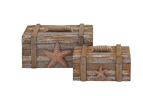 Deco 79 Wood Starfish Handmade Distressed Box with Knotted Rope Details, Set of 2 10", 7"W, Brown