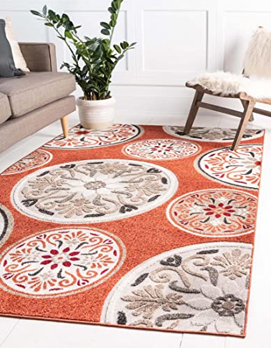 Unique Loom Modern Collection Floral, Geometric, Abstract, Bright Colors, Indoor and Outdoor Area Rug, 5 ft x 8 ft, Terracotta/Beige