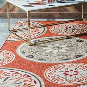 Unique Loom Modern Collection Floral, Geometric, Abstract, Bright Colors, Indoor and Outdoor Area Rug, 5 ft x 8 ft, Terracotta/Beige