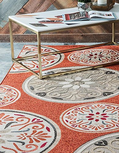 Unique Loom Modern Collection Floral, Geometric, Abstract, Bright Colors, Indoor and Outdoor Area Rug, 5 ft x 8 ft, Terracotta/Beige