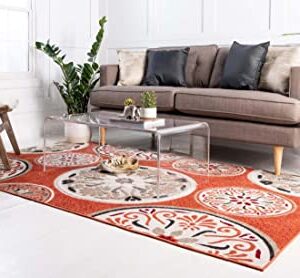 Unique Loom Modern Collection Floral, Geometric, Abstract, Bright Colors, Indoor and Outdoor Area Rug, 5 ft x 8 ft, Terracotta/Beige