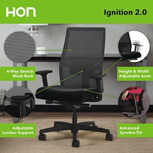 HON Ignition 2.0 Ergonomic Office Chair Mesh Back with Synchro-Tilt Recline, Lumbar Support, Swivel Wheels - Comfortable Home Office Desk Chairs for Long Hours & Computer Task Work - Executive Black