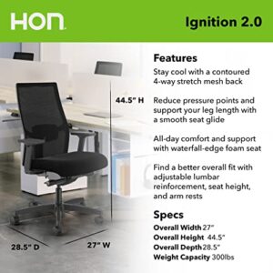 HON Ignition 2.0 Ergonomic Office Chair Mesh Back with Synchro-Tilt Recline, Lumbar Support, Swivel Wheels - Comfortable Home Office Desk Chairs for Long Hours & Computer Task Work - Executive Black